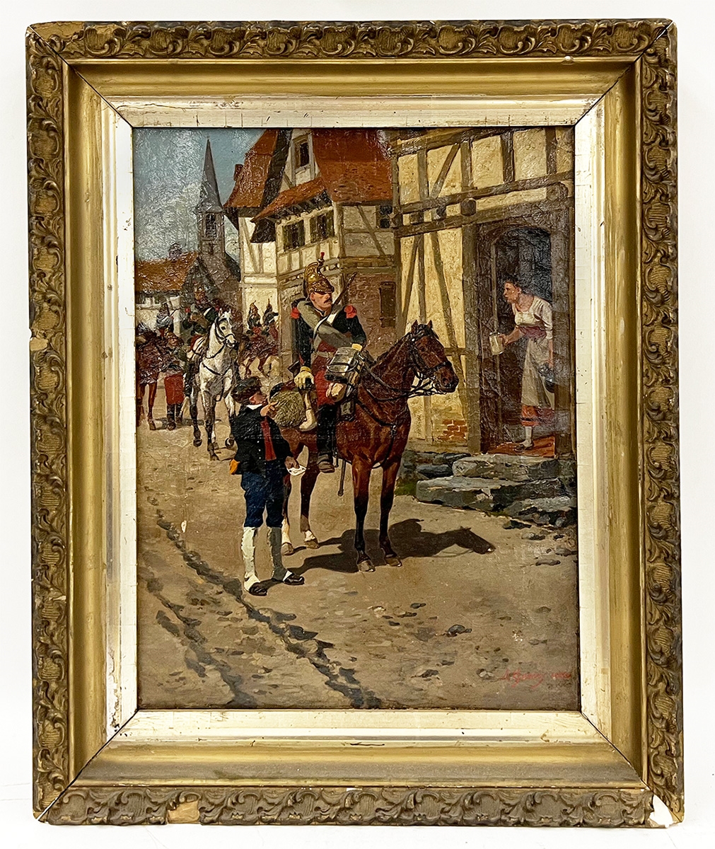 Louis Geens | village street, dragoons on horseback (1880) | MutualArt
