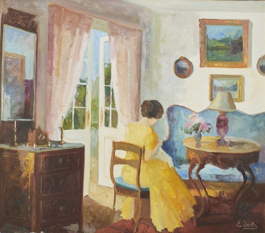 Edith Gert | Interiör med handarbetande kvinna | MutualArt