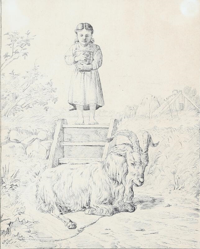 Simon Simonsen | A girl with a jar approaches a ram | MutualArt
