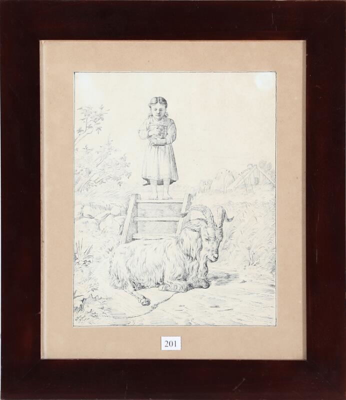 Simon Simonsen | A girl with a jar approaches a ram | MutualArt