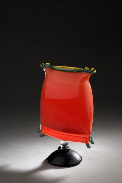 Peter Secrest | Pillow-shaped sculpture in blown red glass with yellow ...