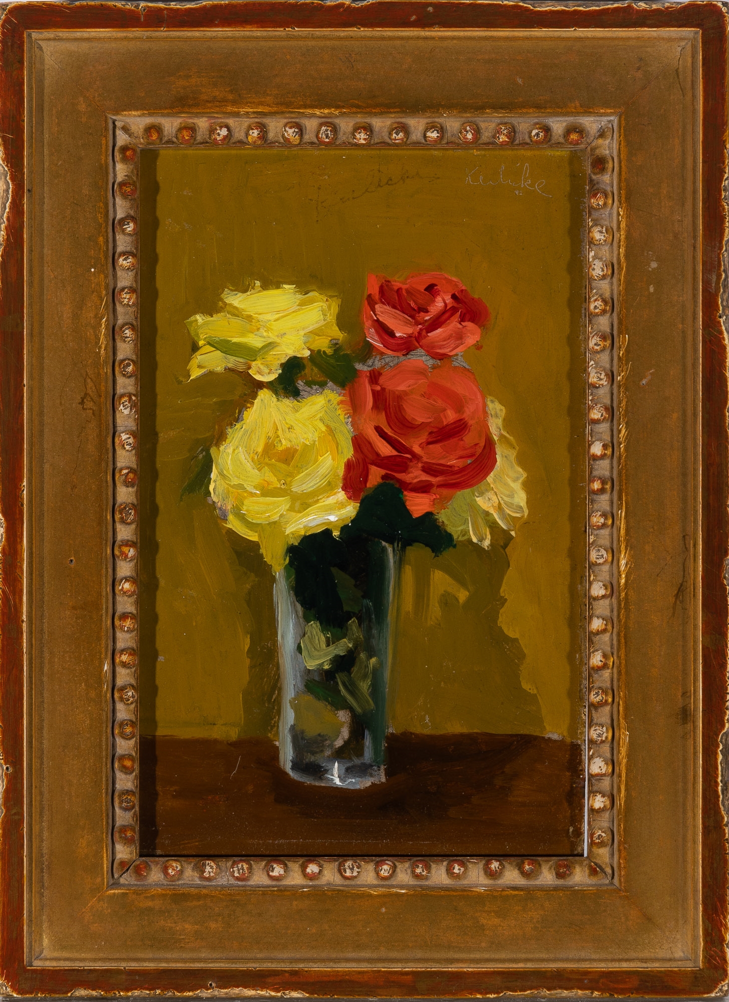 Robert Kulicke | Red and Yellow Roses in a Glass Against a Mustard ...