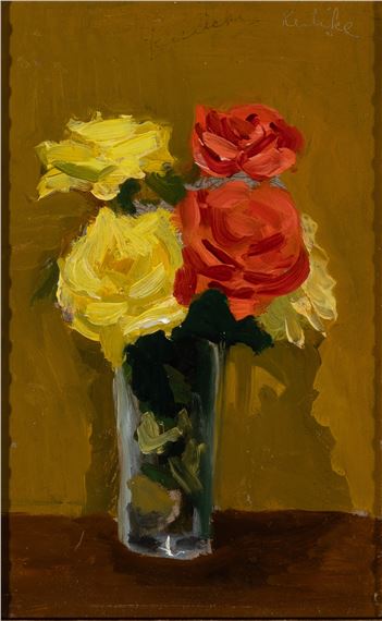 Robert Kulicke | Red and Yellow Roses in a Glass Against a Mustard ...