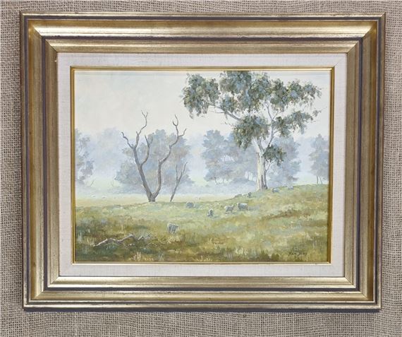 Kaye Bird | Kaye Bird, an of sheep grazing in a field at sunset | MutualArt