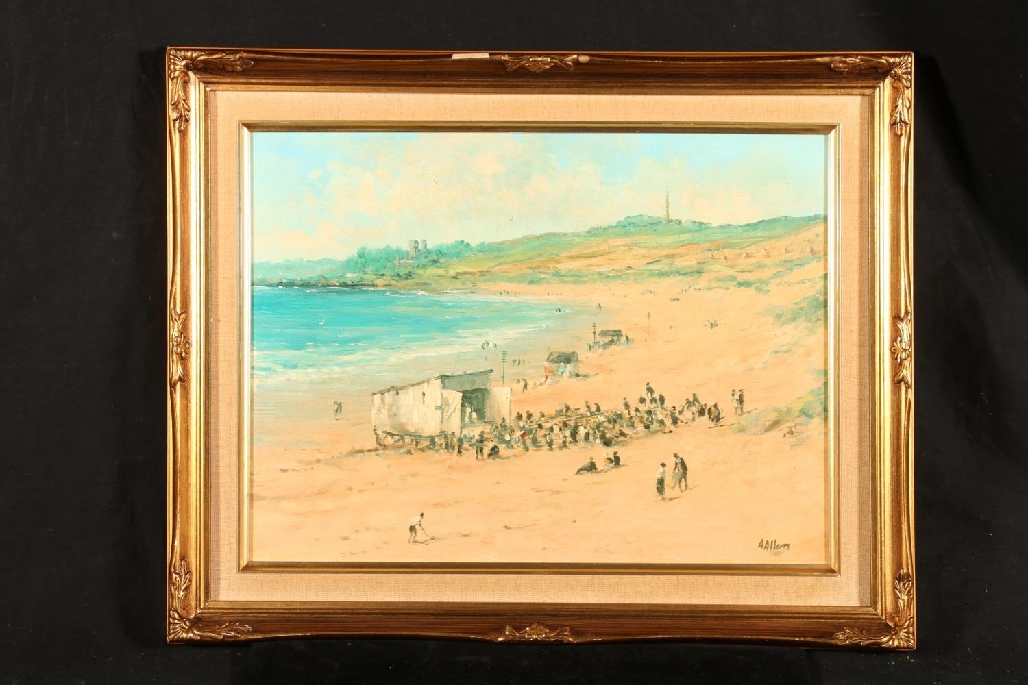 Alfred Allan | Beach scene with busy crowd watching a theatre or puppet ...