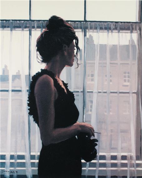 Jack Vettriano | Lady in black dress with cigarette staring out window ...