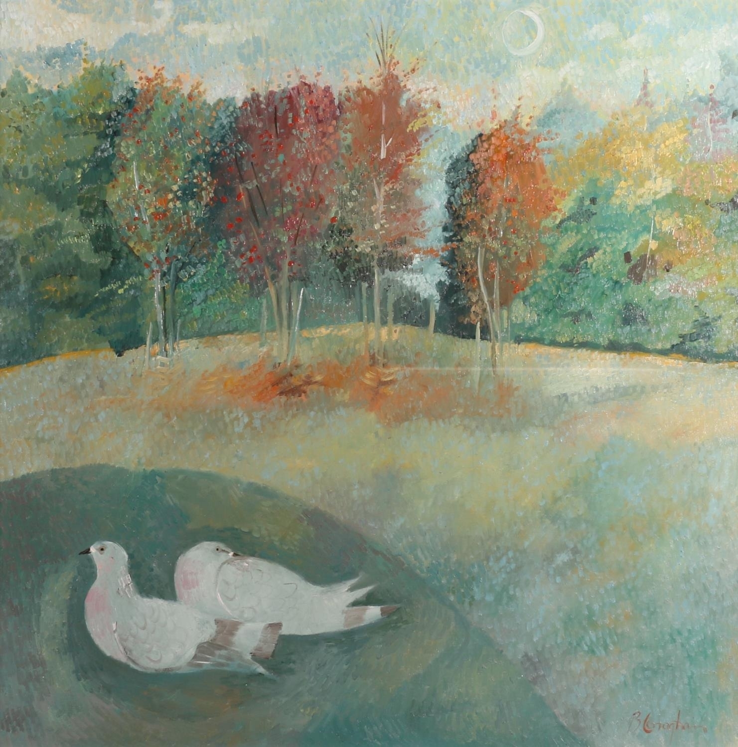 Brenda Lenaghan | Pigeons in a landscape (1941) | MutualArt