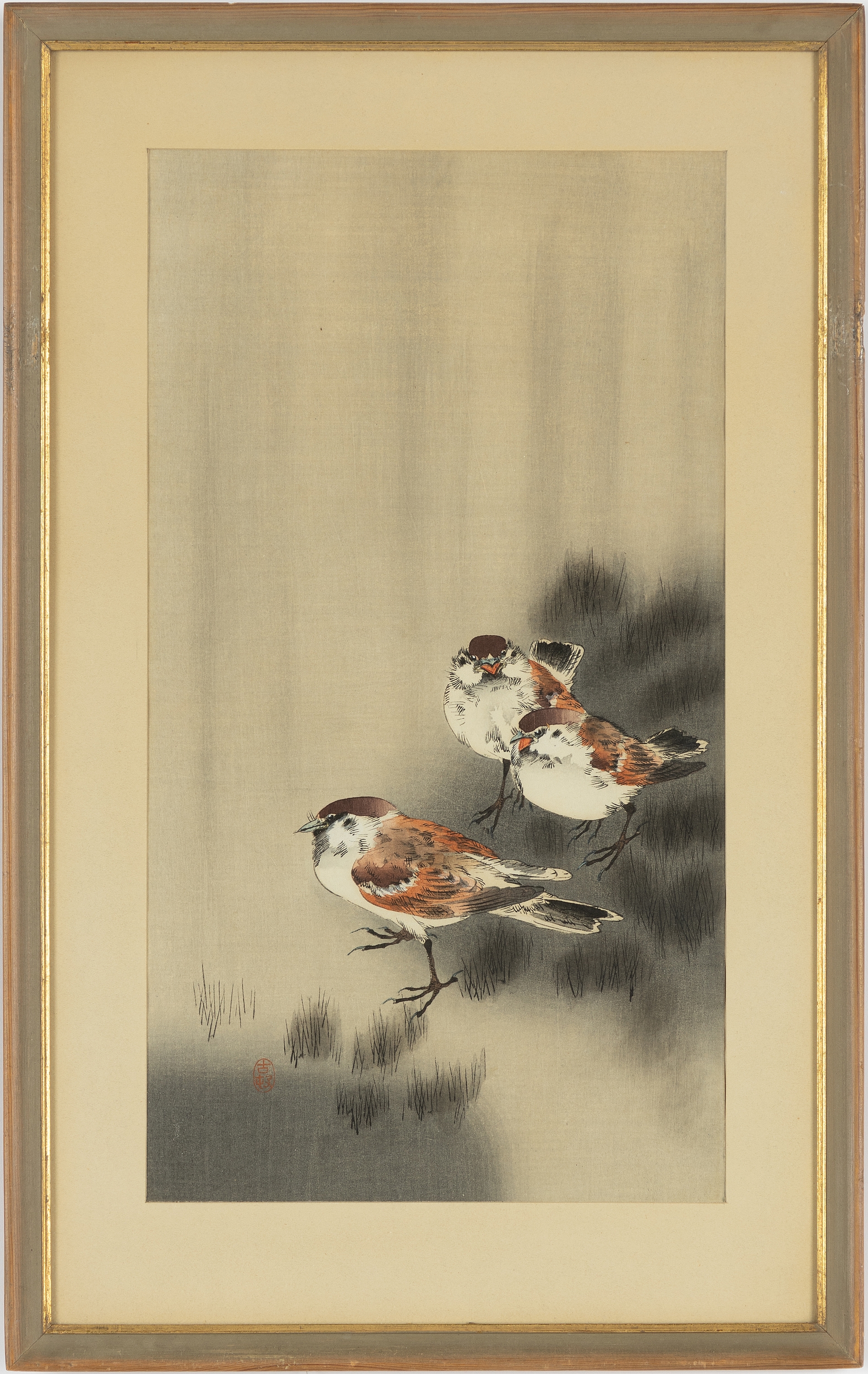 Ohara Koson | 'Three Tree Sparrows in a Rain Shower' | MutualArt