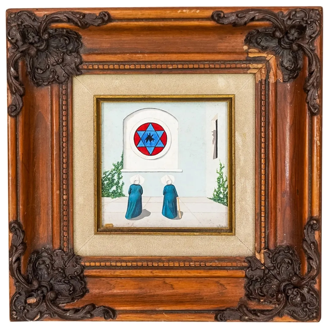 Frank Whipple | Two nuns looking at a broken stained glass window with ...