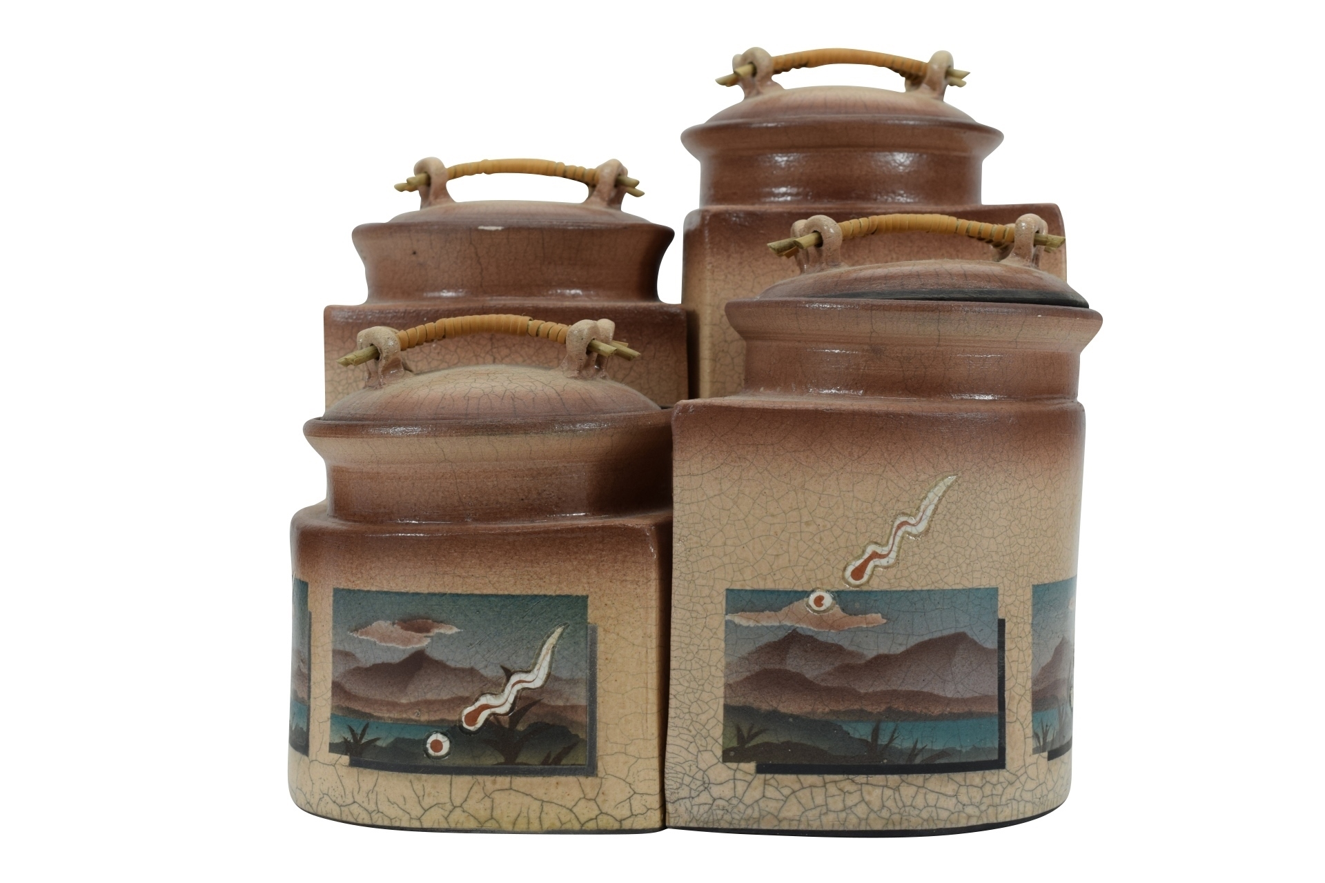 Ken Jensen | SET 4 SIGNED KEN JENSEN RAKU LIDDED POTTERY JARS | MutualArt