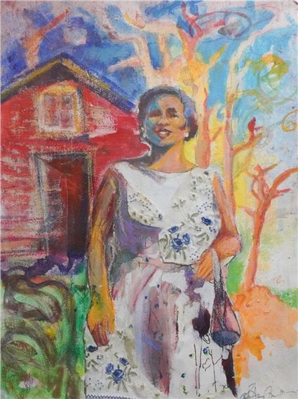 Preston Sampson | Woman in a Dress by a Red Cabin | MutualArt