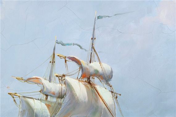 Jean Laurent | Finely detailed painting of a ship at sea with another ...