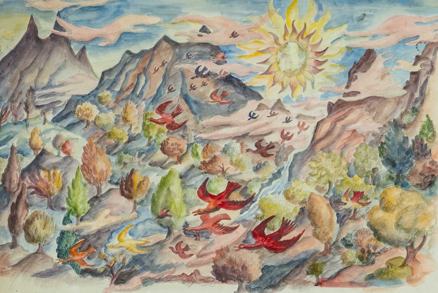 Helen Steinthal | flock of birds above landscape with sun and distant ...
