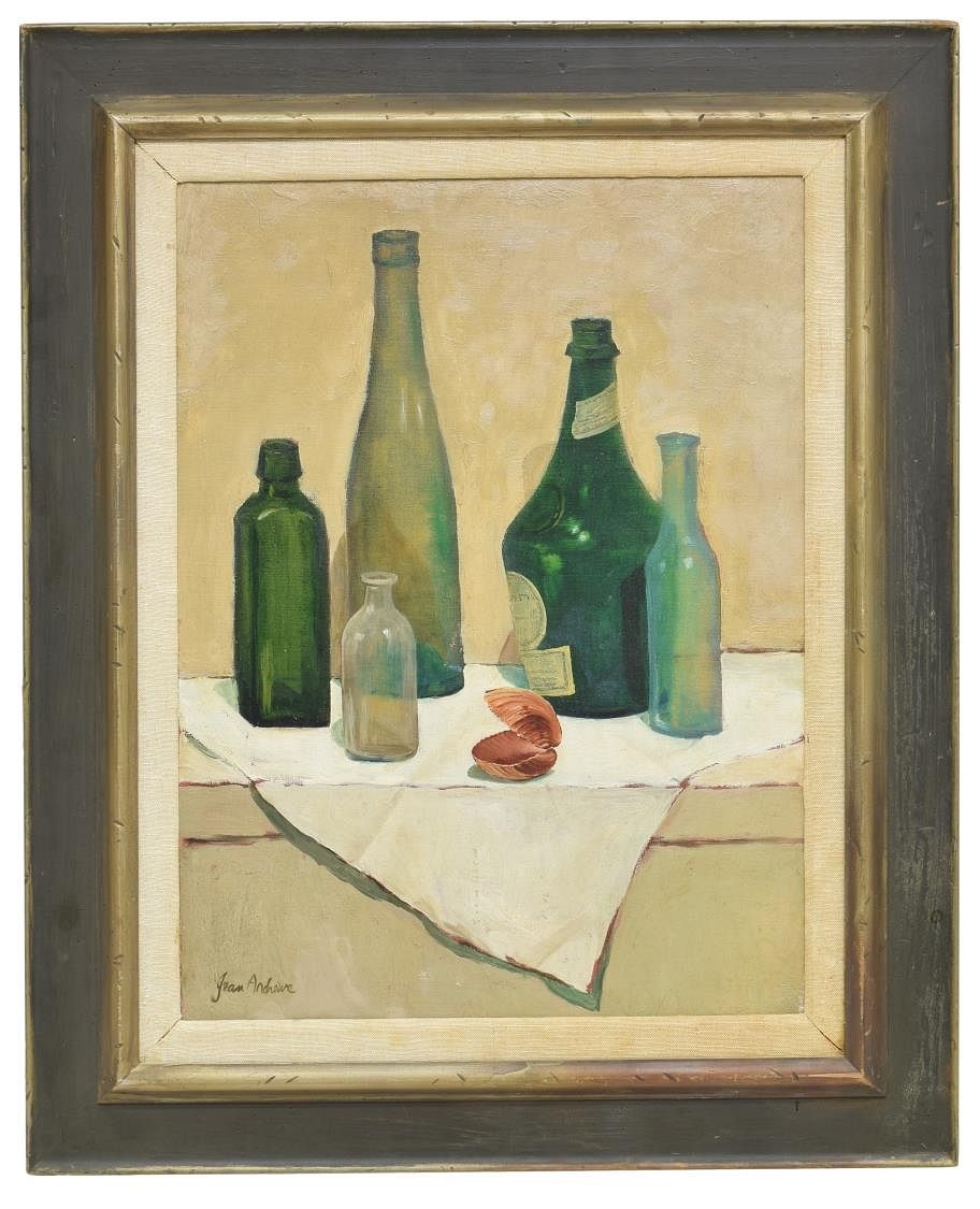 Jean Andrews | Glass Bottles and Shell on a Table | MutualArt