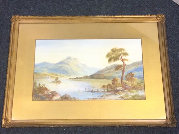 J. Douglas | loch landscape with sailing boat and tree to foreground ...