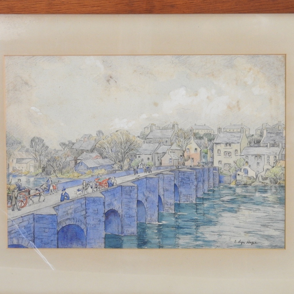 E. Lyn Hope | town scene with bridge | MutualArt