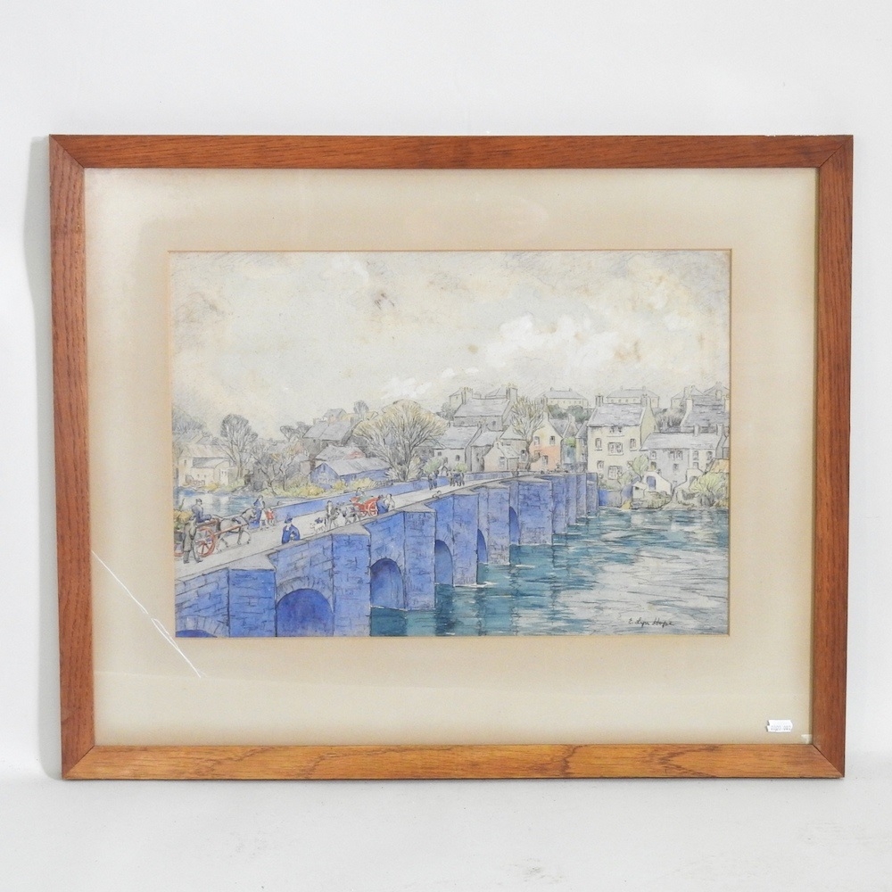 E. Lyn Hope | town scene with bridge | MutualArt