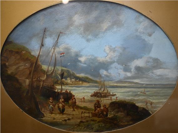 Andrew Shayer | Coastal view with figures on foreshore | MutualArt