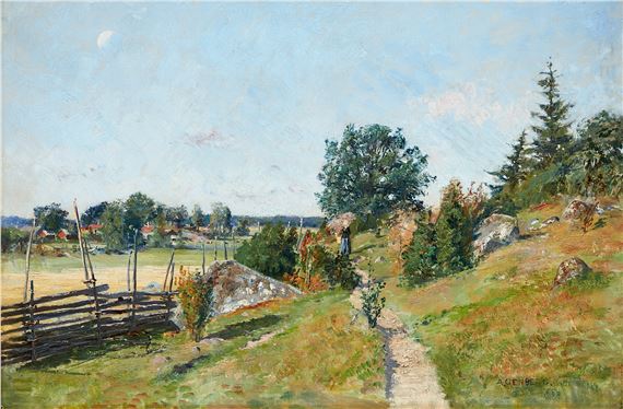 Anton Genberg | Sommarlandskap med kvinna på promenad | MutualArt
