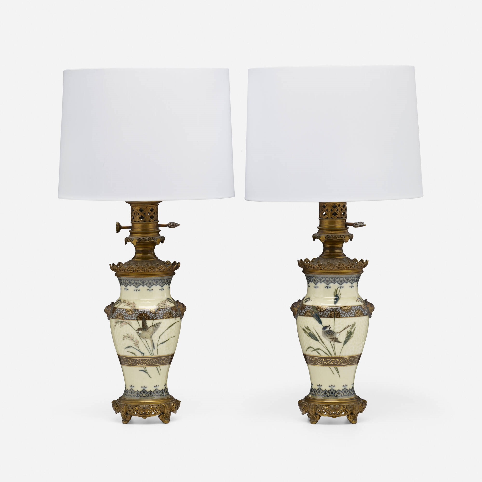 Albert Louis Dammouse | Japonesque lamp bases with song birds, pair ...