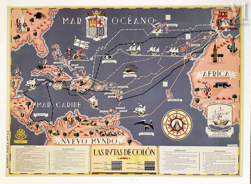 F. Rubio Lopez | Las Rutas de Colon Rare Poster on the routes of ...