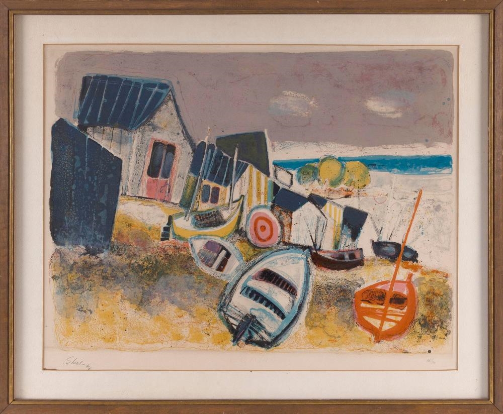 Serge Shart | Coastal view of fishing shacks and boats | MutualArt