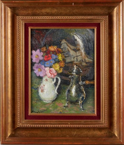 Pierre Deval | Bouquet of flowers with white vase and silver coffee pot ...