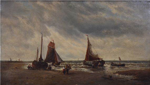 Daniel H. Winder | Fishing boats and figures on a beach | MutualArt