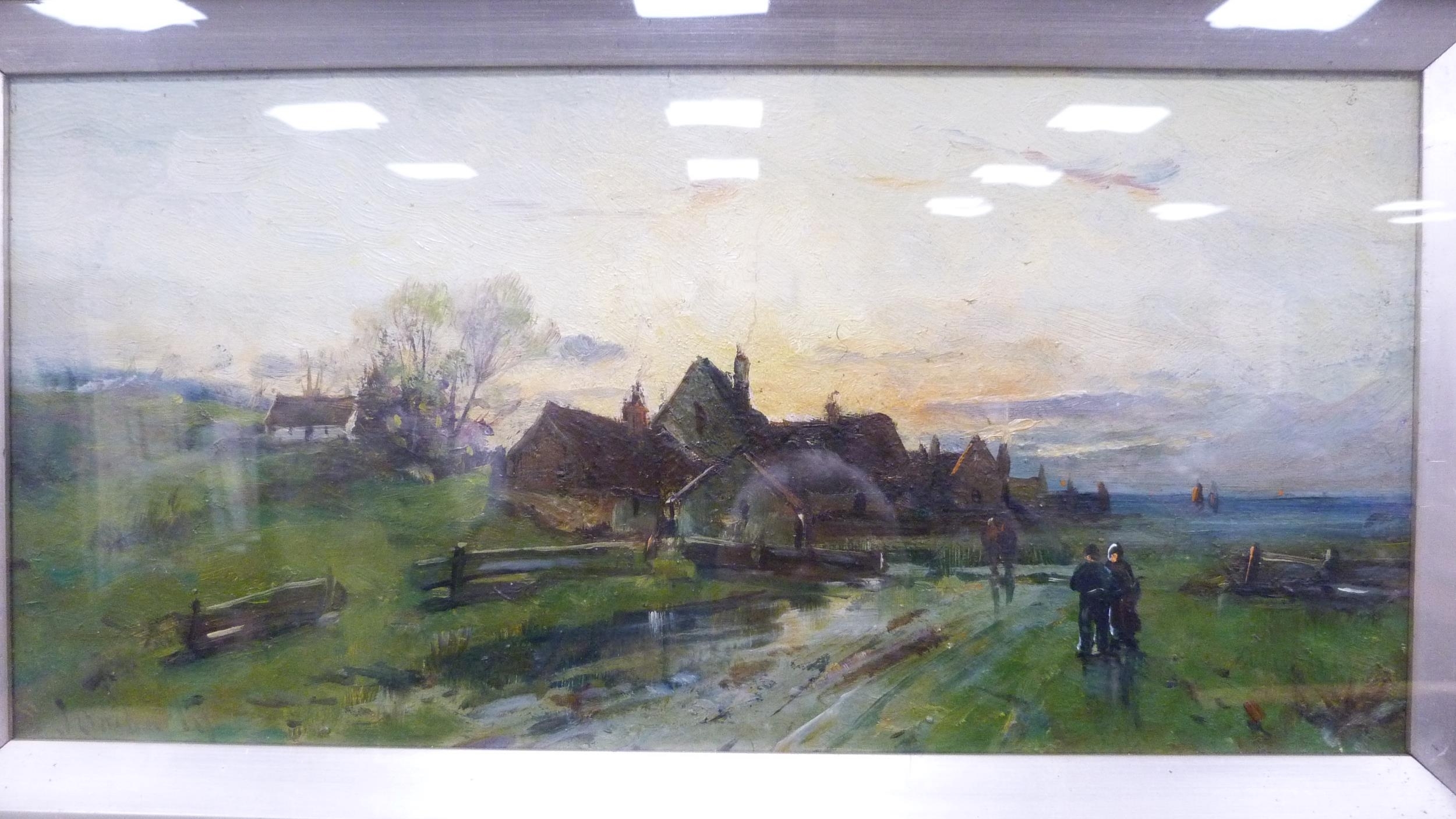 James Docharty | Farmhouse with figures in the foreground and ships at ...