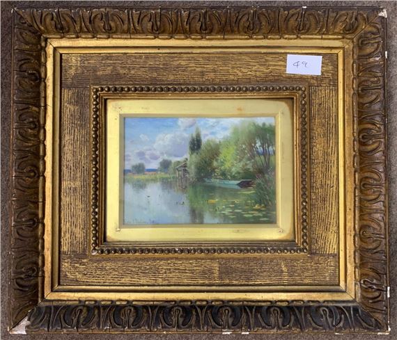 Ernest Parton | A riverbank / Lily pond view (1890) | MutualArt