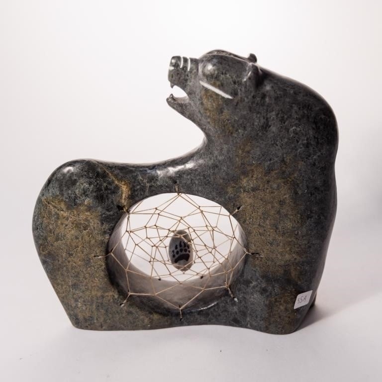 Kevin Ross | Large grey-grained soapstone bear with dream catcher. 13h ...