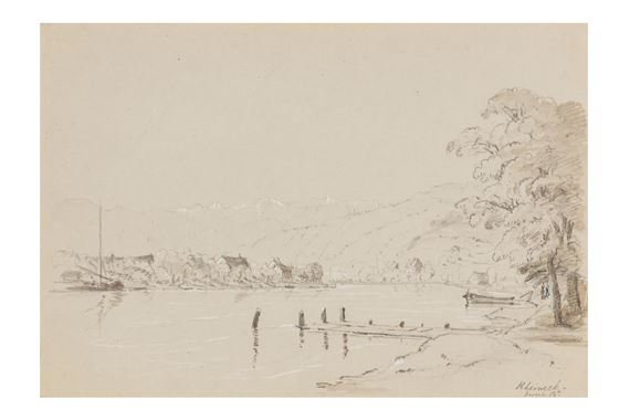 Henry Bright | River scene with moored barges | MutualArt