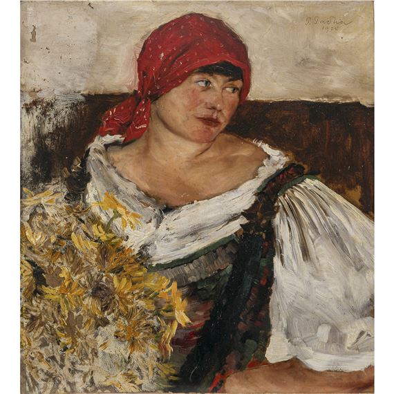Paul Mathias Padua | Young peasant woman with red headscarf and yellow ...