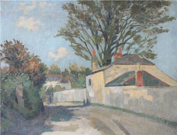 R. L. Hutton | Sun-dappled houses and a figure on a country road ...
