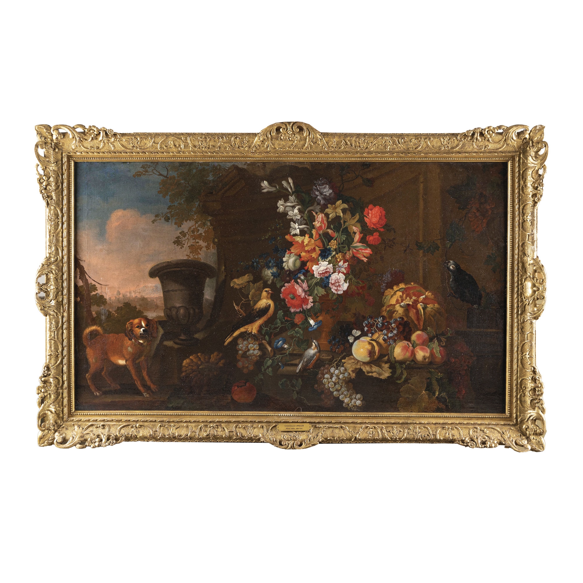 Maximilian Pfeiler | Bodeg n con flores, frutas, aves y perro en un paisaje con cr tera | MutualArt