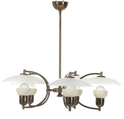 Ernst Voss | A brass chandelier, five arms with frosted glass shades ...