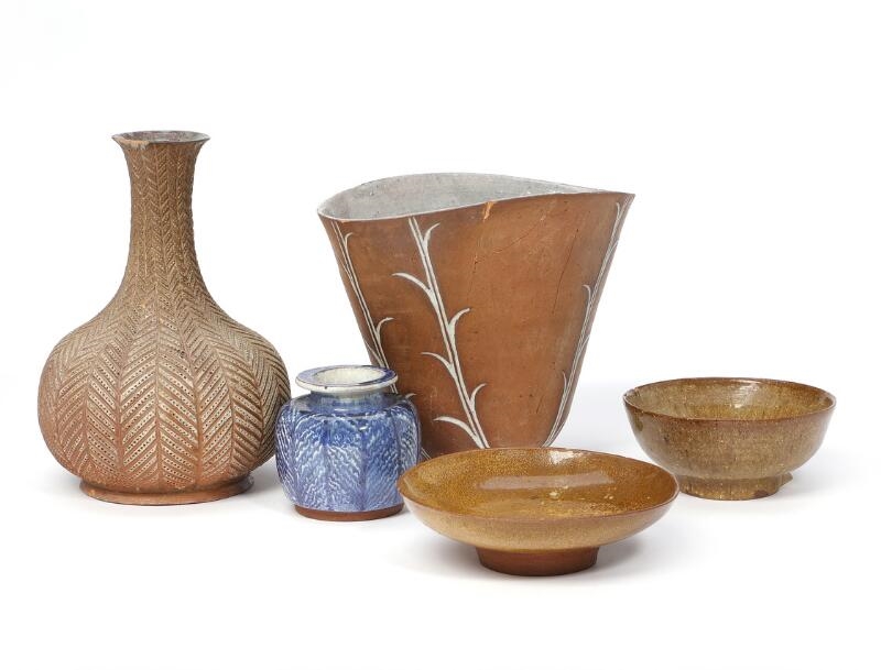 Lisbeth Munch-Petersen | Three earthenware vases and two bowls (1970) | MutualArt