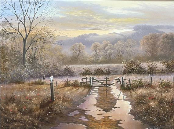 David Waller | David Waller framed oil on canvas landscape with a barn ...