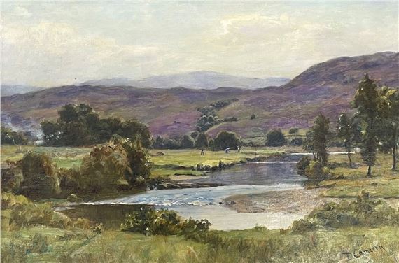 Duncan Cameron | Oil on canvas landscape with mountainous background ...