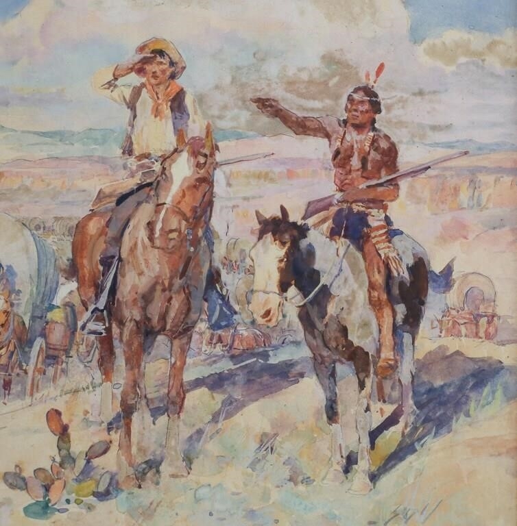 Arthur E. Becher | Arthur Becher Watercolor Wagon Train With Scout ...
