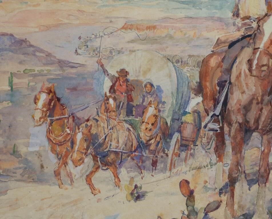 Arthur E. Becher | Arthur Becher Watercolor Wagon Train With Scout ...
