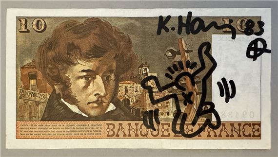 Keith Haring | Drawing in black marker ink on a French 10 Franc bank ...