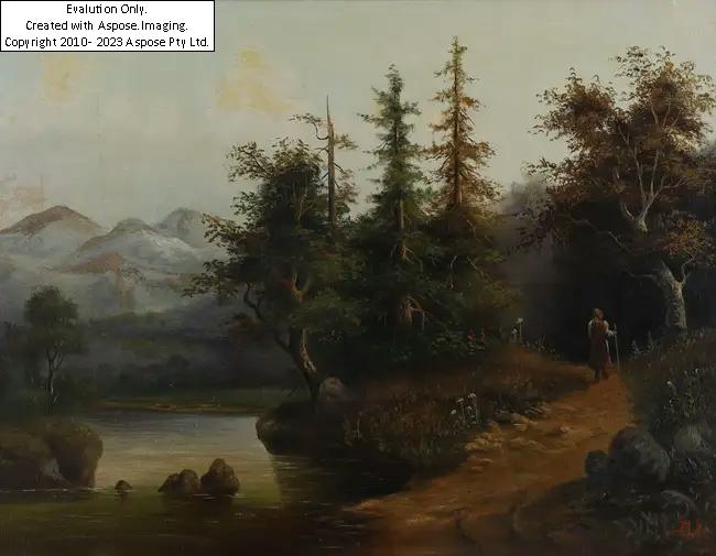 German School, 20th Century | late 19th/early 20th century- A wanderer in a wooded landscape ...