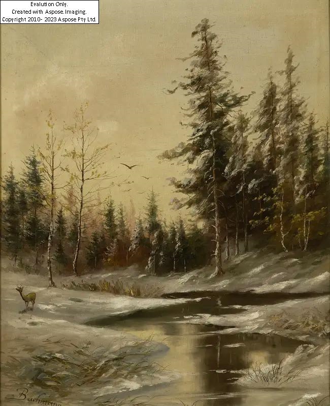 German School, 20th Century | A deer in a snowy woodland landscape; (19th Century 20th Century ...