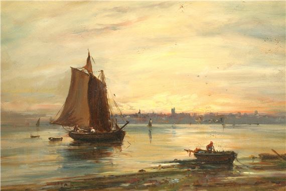 Sam Bough | Figures on a shore at sunset with a coastal town in the ...