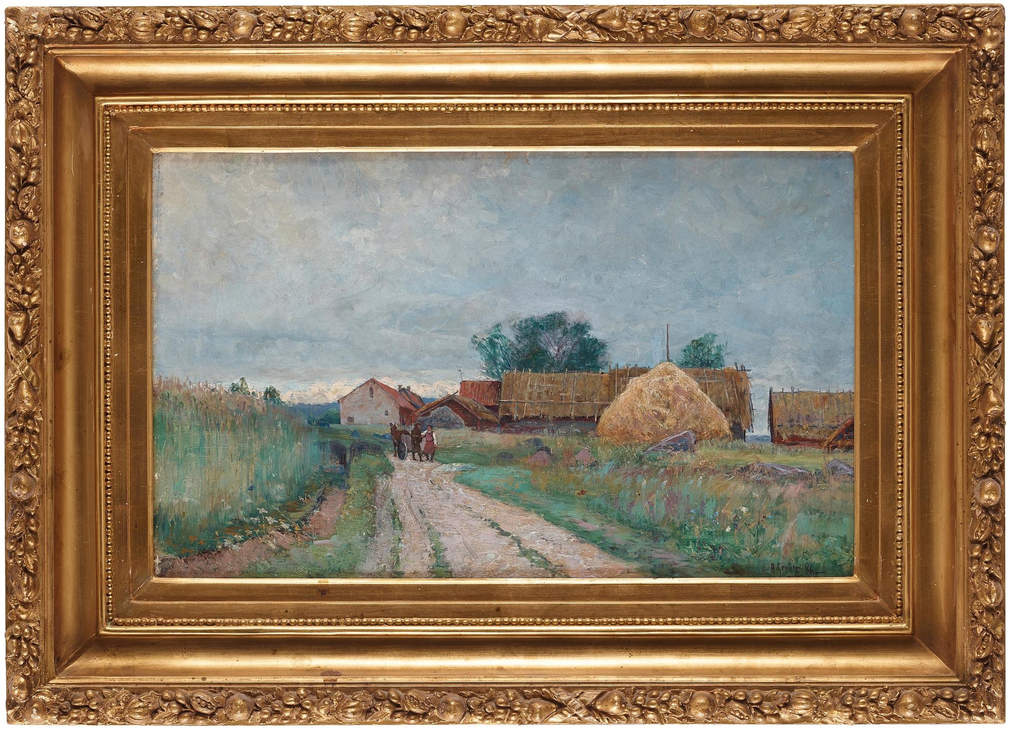 Anton Genberg | Anton Genberg, Farm houses with haystack (1886) | MutualArt