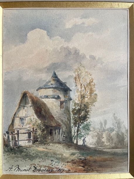 Alfred-Louis Brunet-Debaines | Cottage and turret near a road | MutualArt