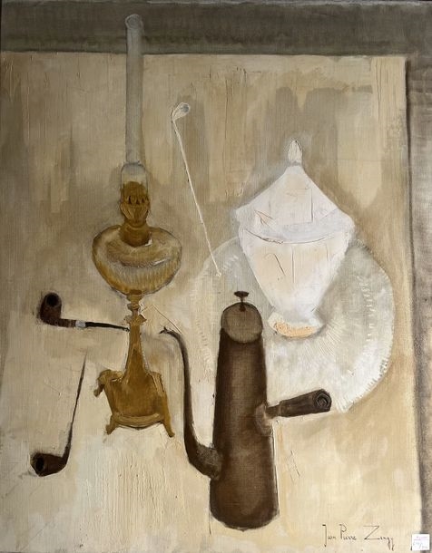 Jean Pierre Zingg | Still life with oil lamp and coffee pot (1954 ...