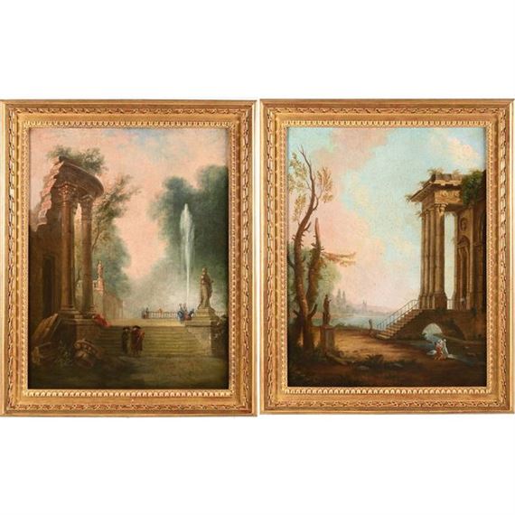 Hubert Robert | 2 animated landscapes with antique ruins (18th Century ...