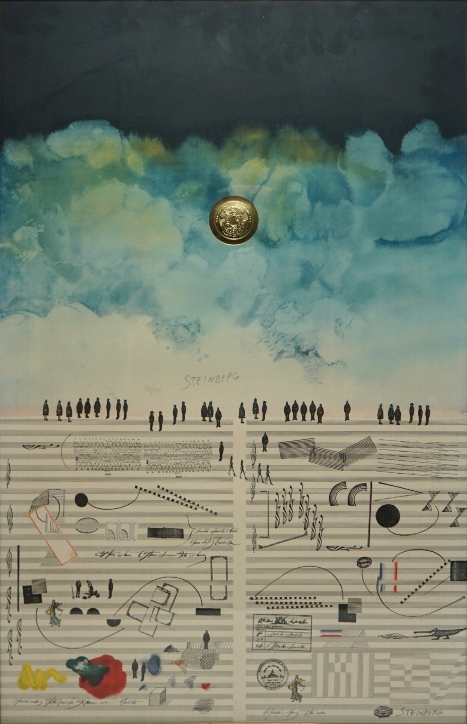 Saul Steinberg | Colored Lithograph, with embossed gold foil collage ...